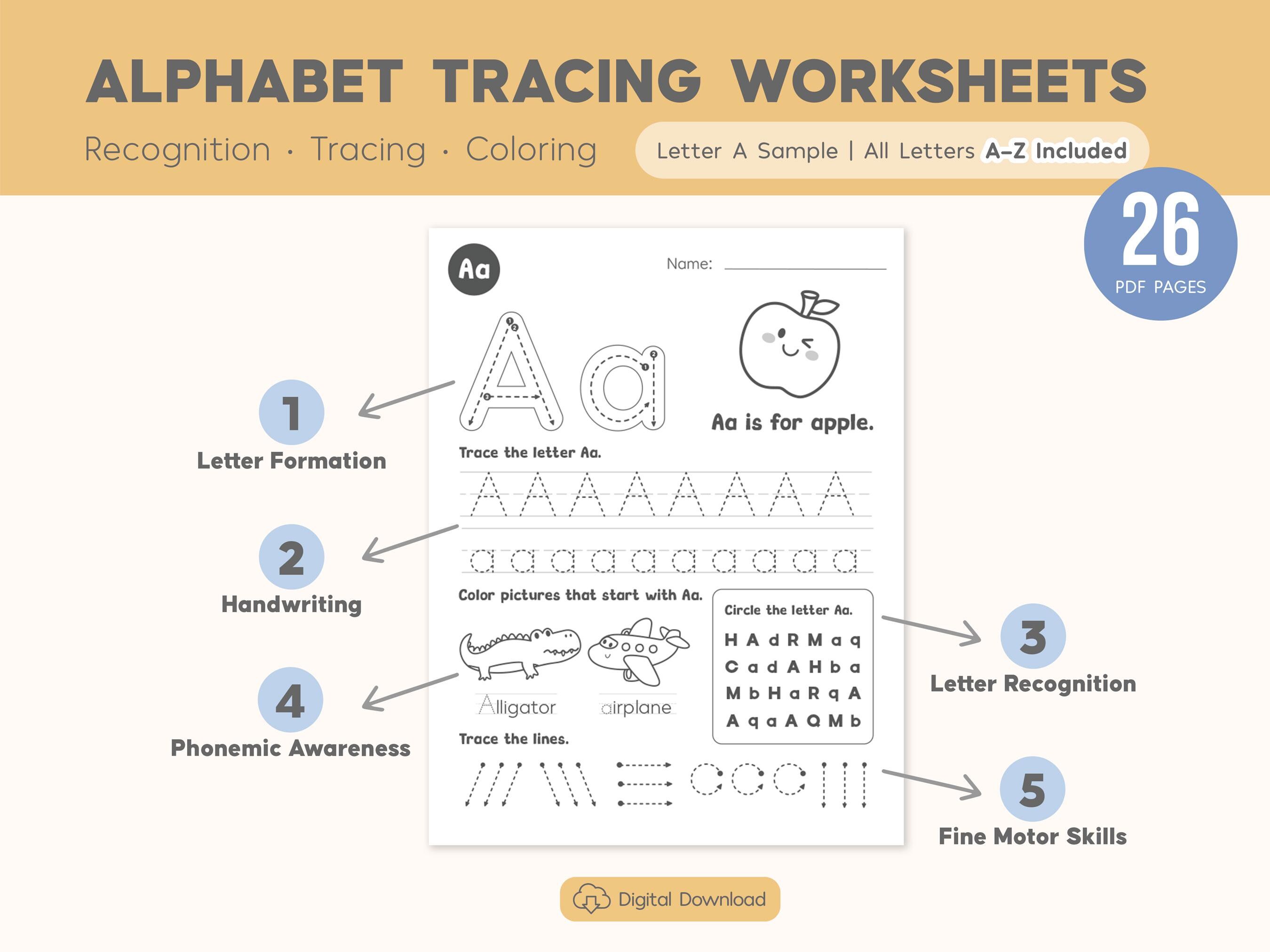 Alphabet Tracing Worksheets Printable, Letter Recognition, Preschool ...