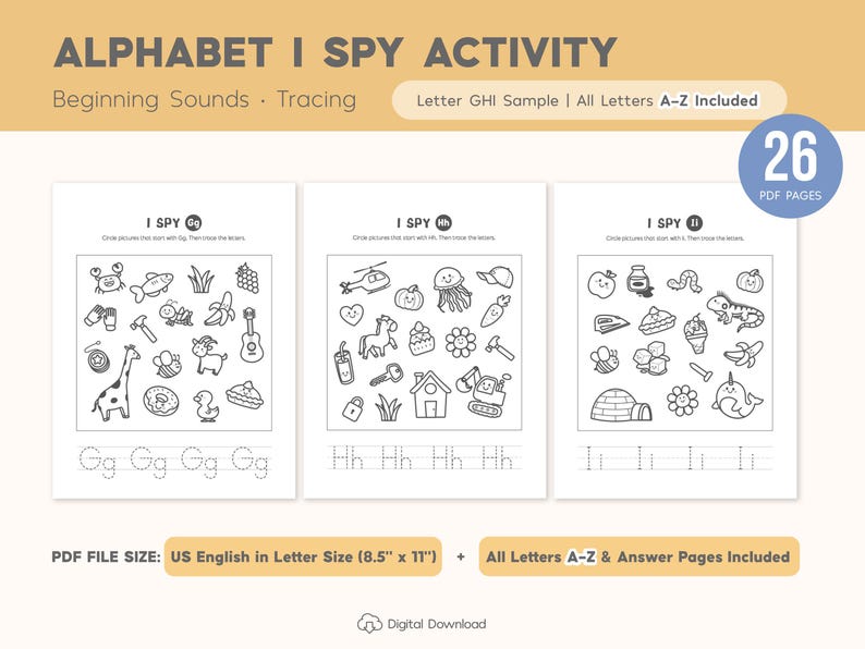 Alphabet I Spy Worksheets Printable, Beginning Sounds, Letter ...
