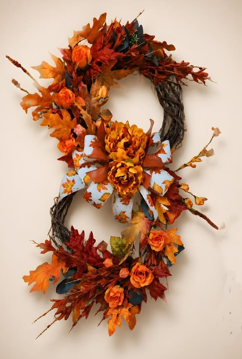 Handcrafted Fall Wreath, Orange Maple Leaves, Grapevine, Farmhouse ...