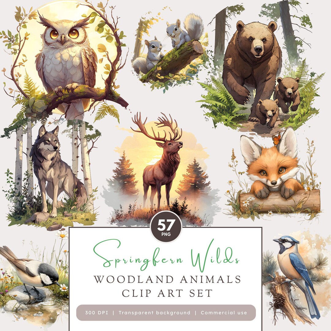 Woodland Animals Clip Art PNG Set Cute Animal Clipart Forest Creatures ...