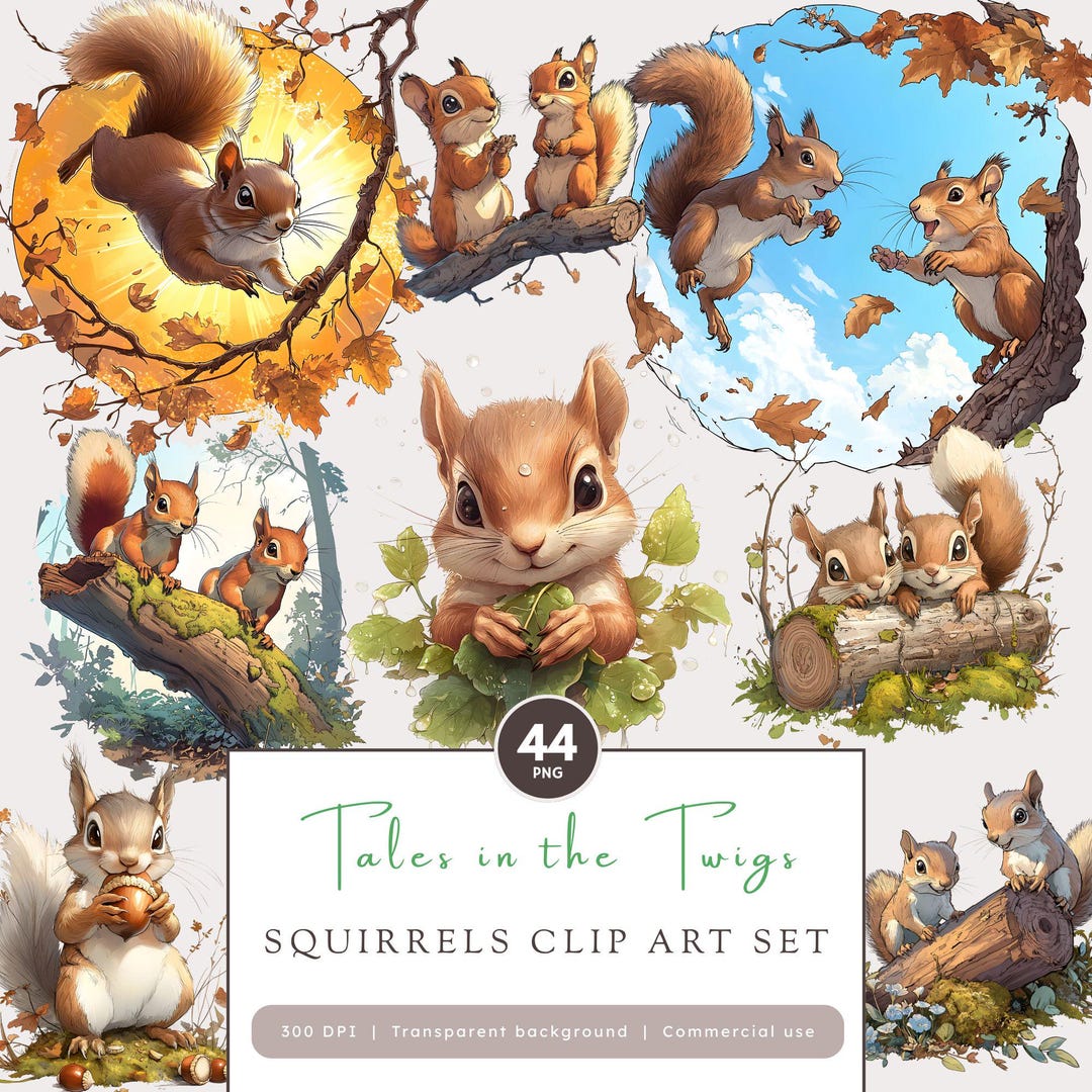 Squirrel Clip Art PNG Set Baby Squirrels in Autumn Forest Cute Animals ...