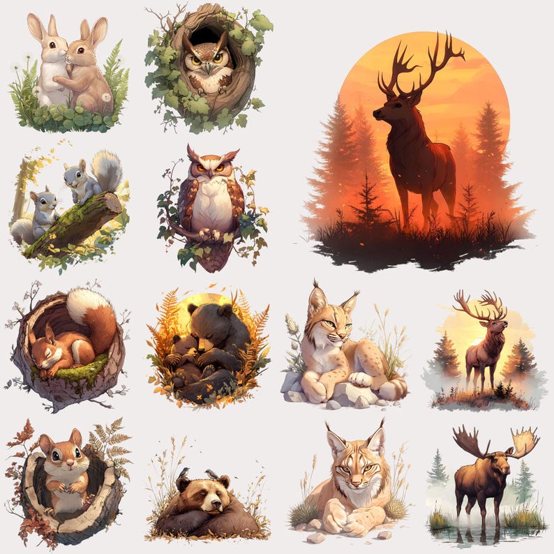 Woodland Animals Clip Art PNG Set Cute Animal Clipart Forest Creatures ...