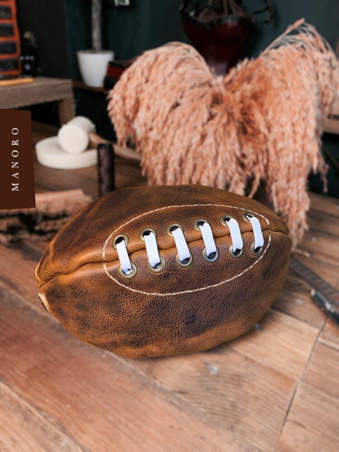 Mio – Handmade Leather Football Shaped Pouch – Brown Vintage Sports Bag ...