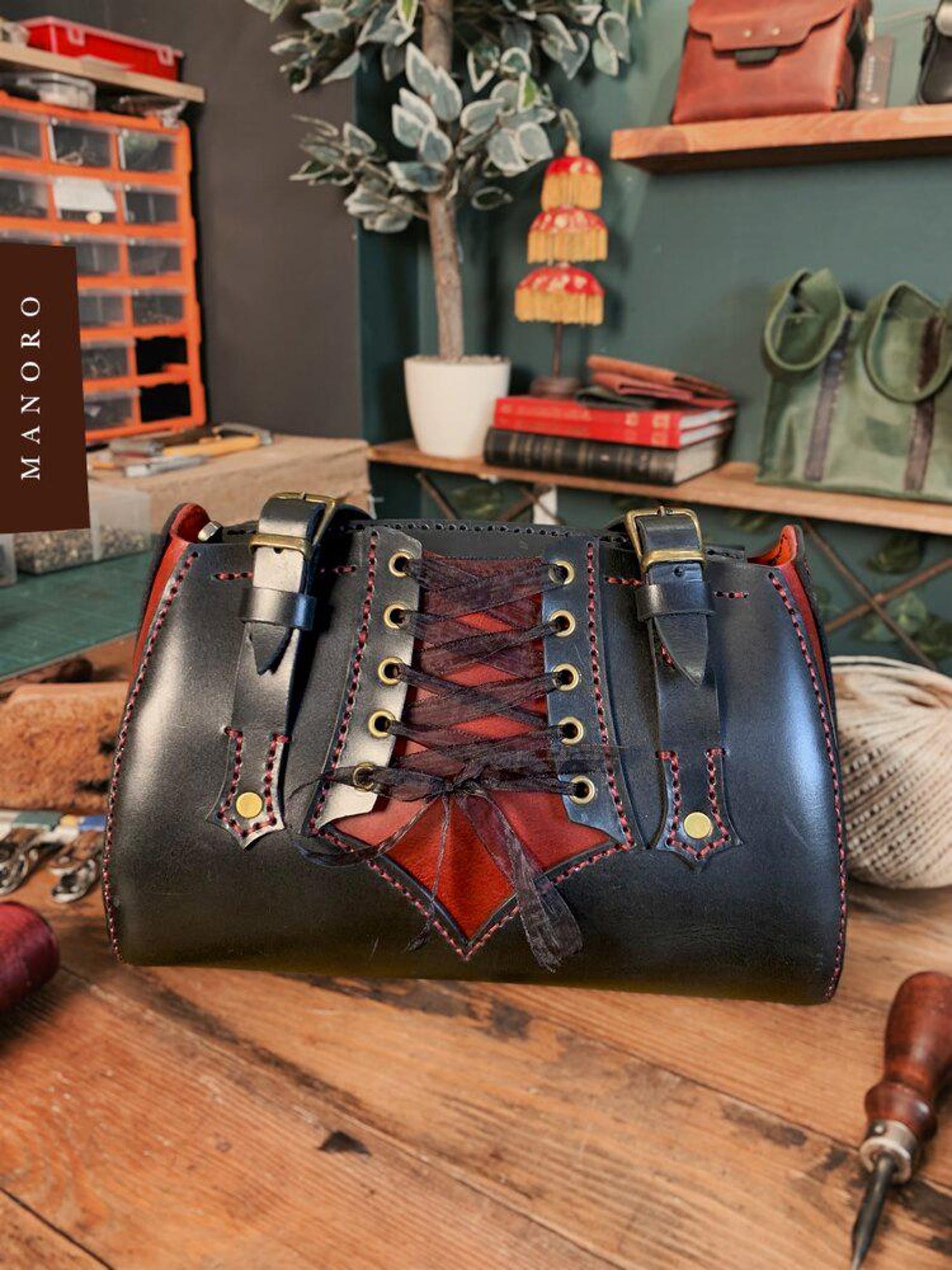Mabel - Handmade Leather Corset Bag – Black & Red Genuine Cowhide ...