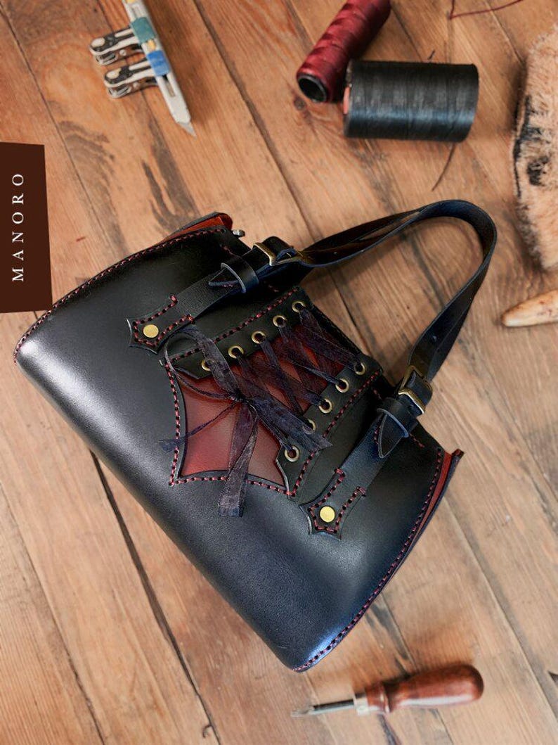 Mabel - Handmade Leather Corset Bag – Black & Red Genuine Cowhide ...