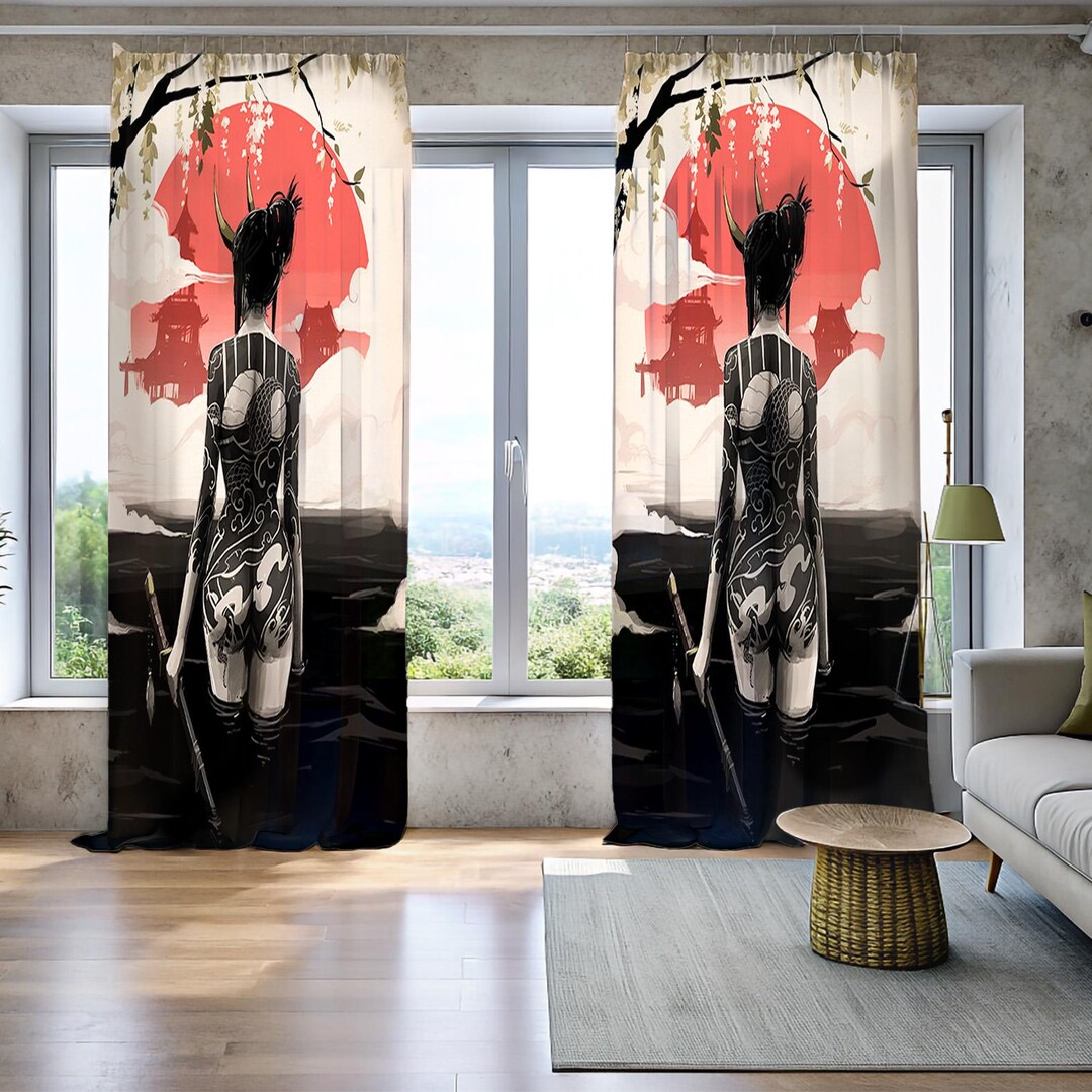 Japanese Spirit Window Curtains, Red Sun Tattooed Woman Drapes ...