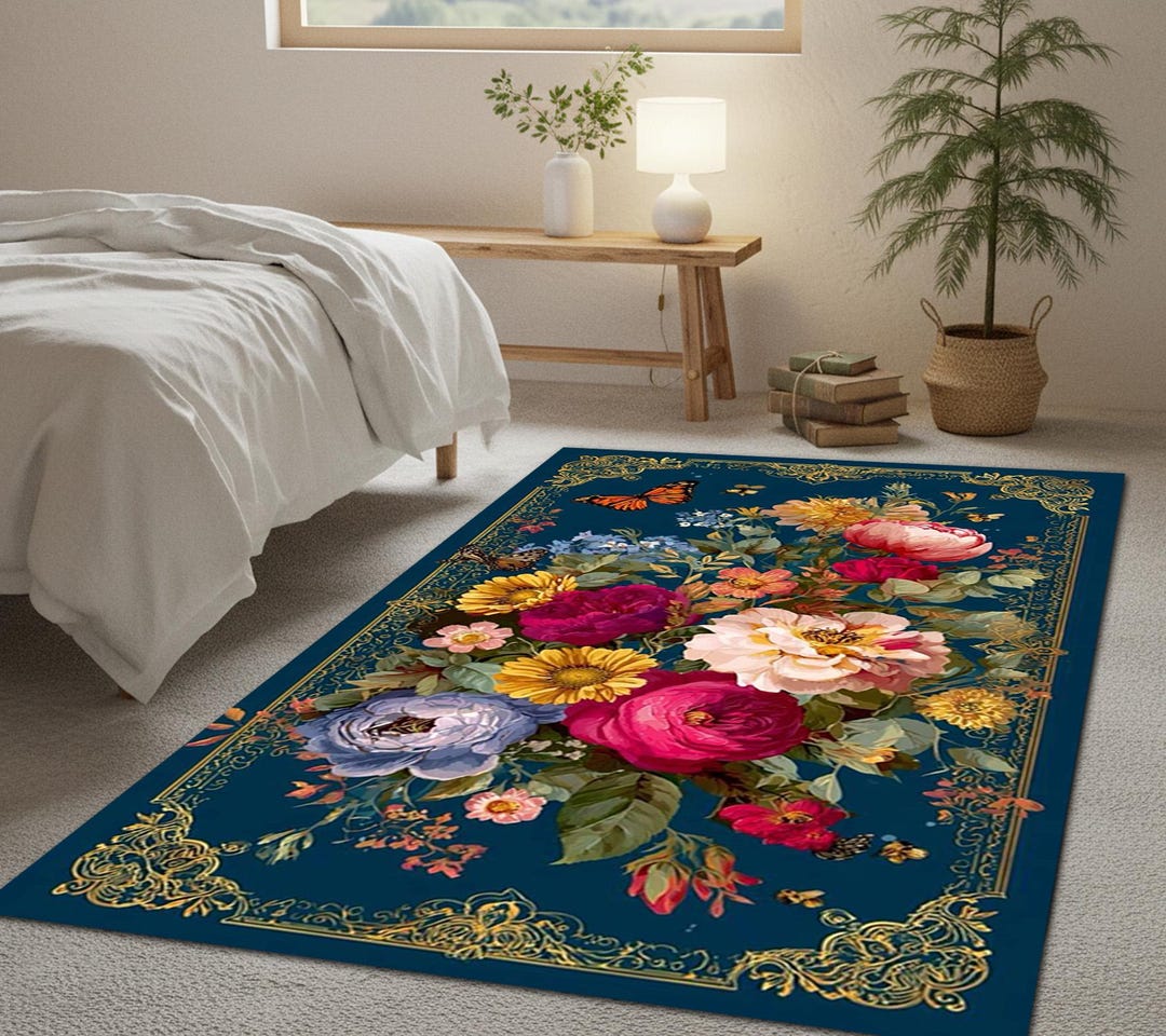 Vibrant Spring Garden and Monarch Area Rug, Colorful Floral Bloom Floor ...