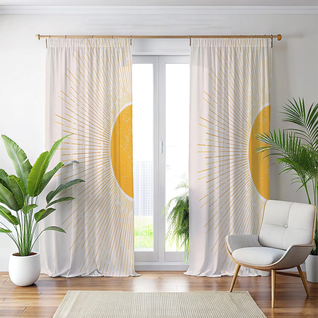 Boho Sun Window Curtains, Minimalist Yellow Sunshine Drapes, Bedroom ...