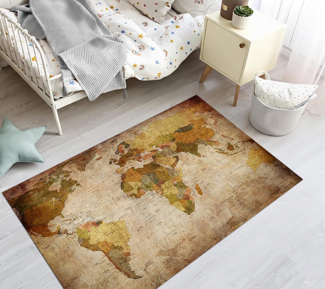 Rustic Map Rug, Vintage Carpet, Earth Tone Mat,old World Rug,map Floor ...