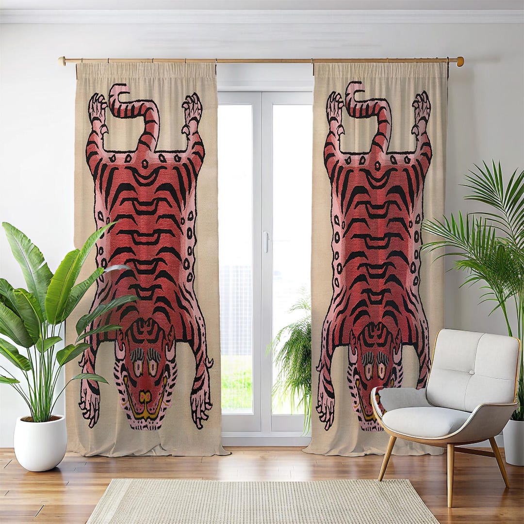 Tibetan Tiger Window Curtains, Vintage Beige Mystical Animal Drapes ...