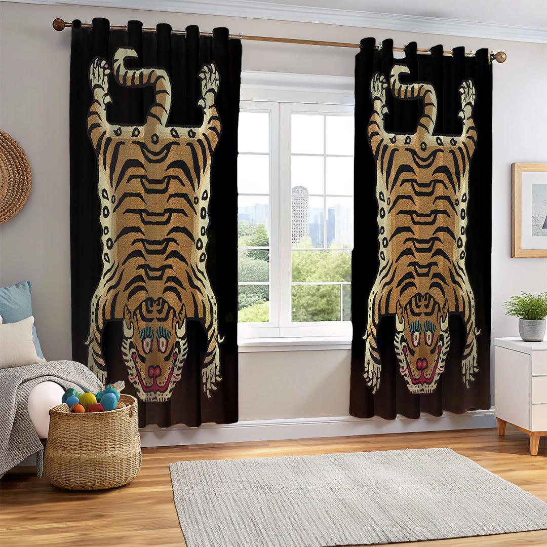Tibetan Tiger Window Curtains, Black Mystical Animal Drapes, Exotic ...