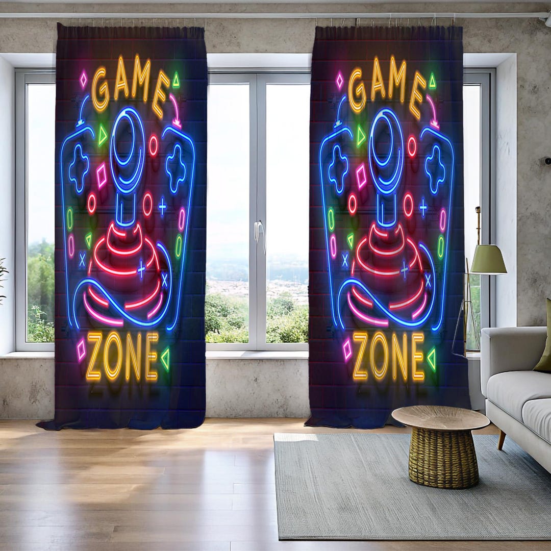 Gamer Room Curtain, Neon Joystick Drapes, Video Game Curtain, Game Zone ...