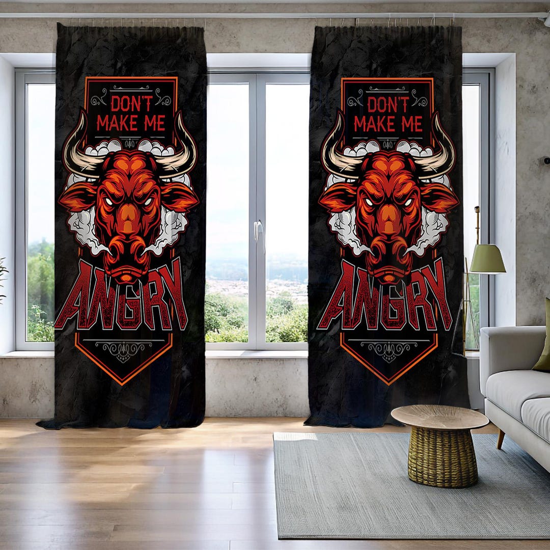 Angry Bull Curtain, Red Bull Head Drapes, Quote Window Decor, Gamer ...