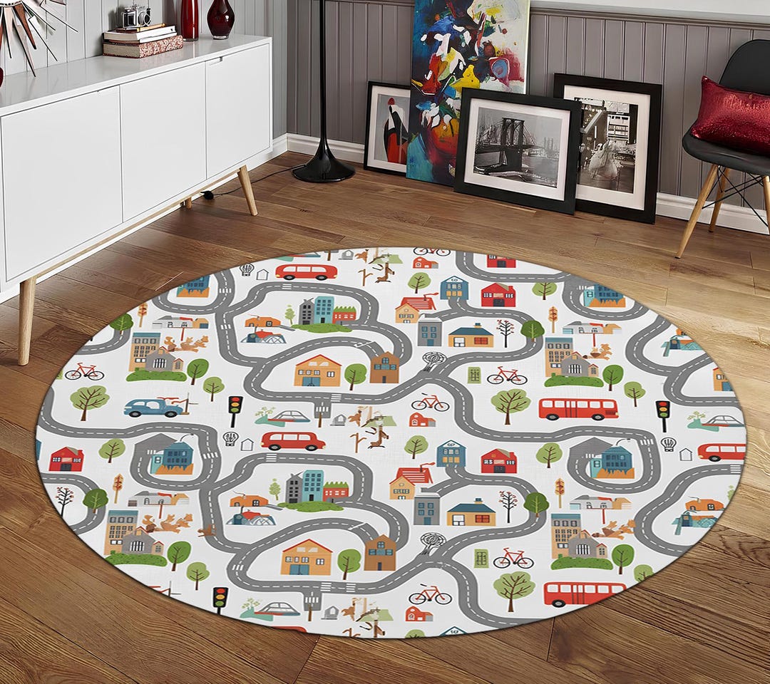 Colorful City Road Map Round Rug, Kids Room Floor Mat,educational ...
