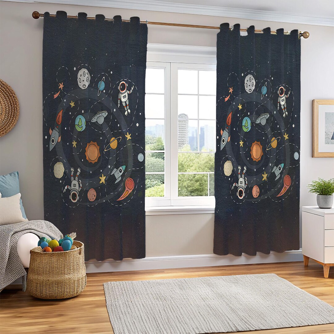 Outer Space Adventure Window Curtains, Solar System Planets Nursery ...