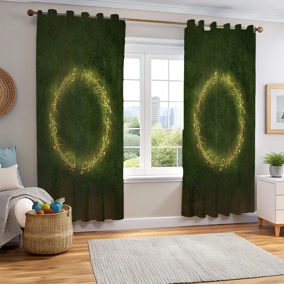Lord of the Rings Curtains, Golden Elven Script Curtain,green Forest ...