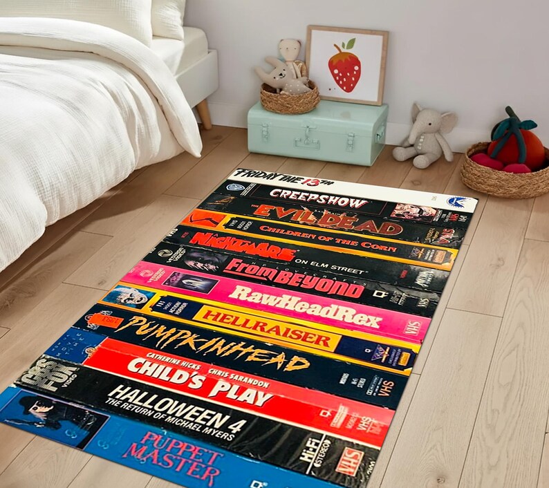 Retro Horror VHS Collection Area Rug, Vintage Movie Tape Floor Mat, 80s ...