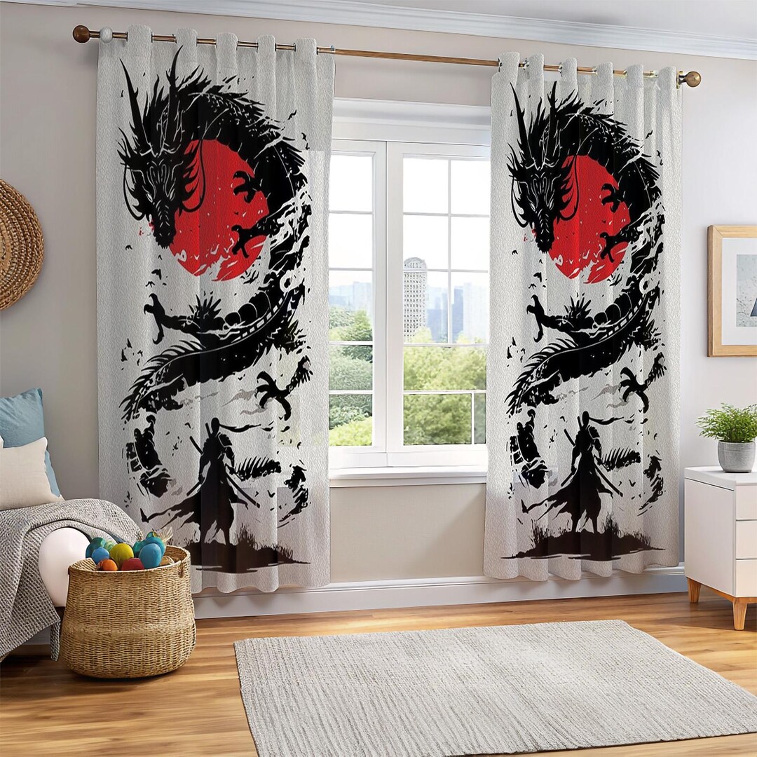 Dragon and Samurai Window Curtains, Japanese Folklore Style Drapery ...