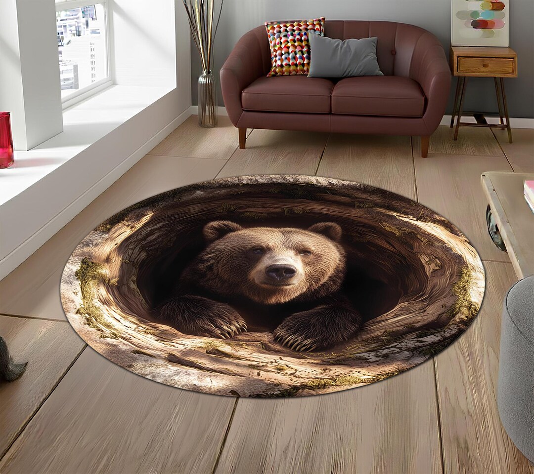 Grizzly Bear Abyss Round Area Rug,3d Cave Hole Optical Illusion Mat ...