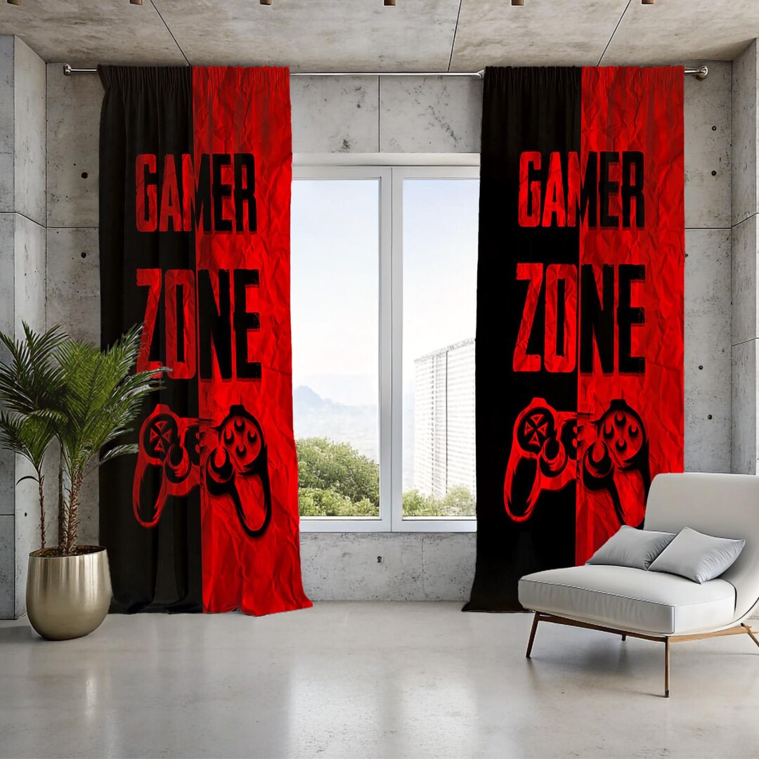 Gamer Zone Window Curtains,game Controller Design Drapes,red Black ...