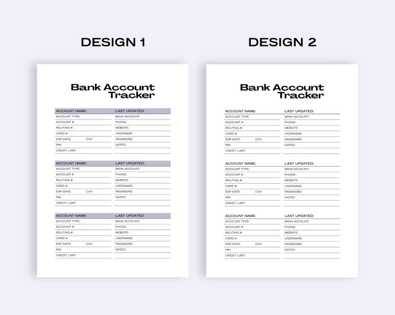 ADHD Bank Account Information Tracker Printable Bank Account Log Bank ...