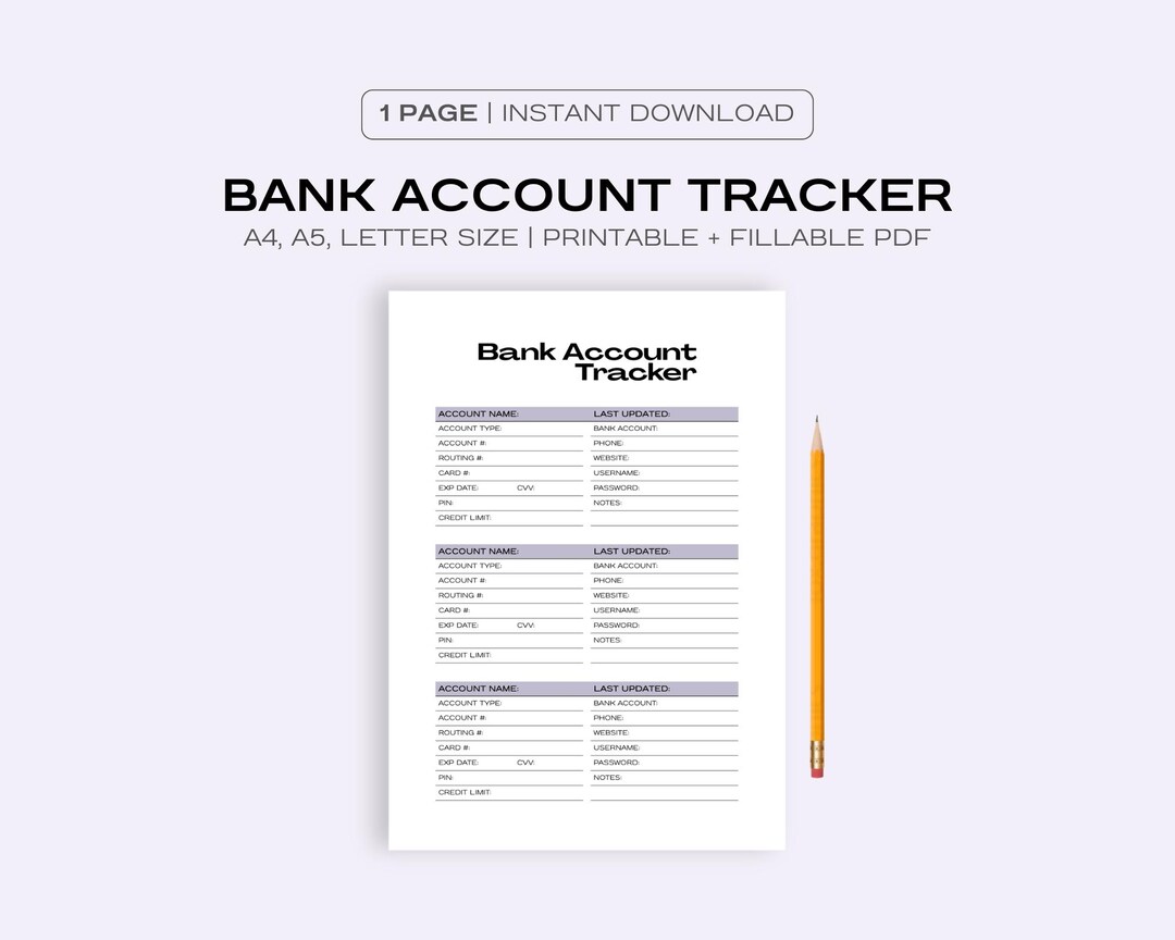 ADHD Bank Account Information Tracker Printable Bank Account Log Bank ...