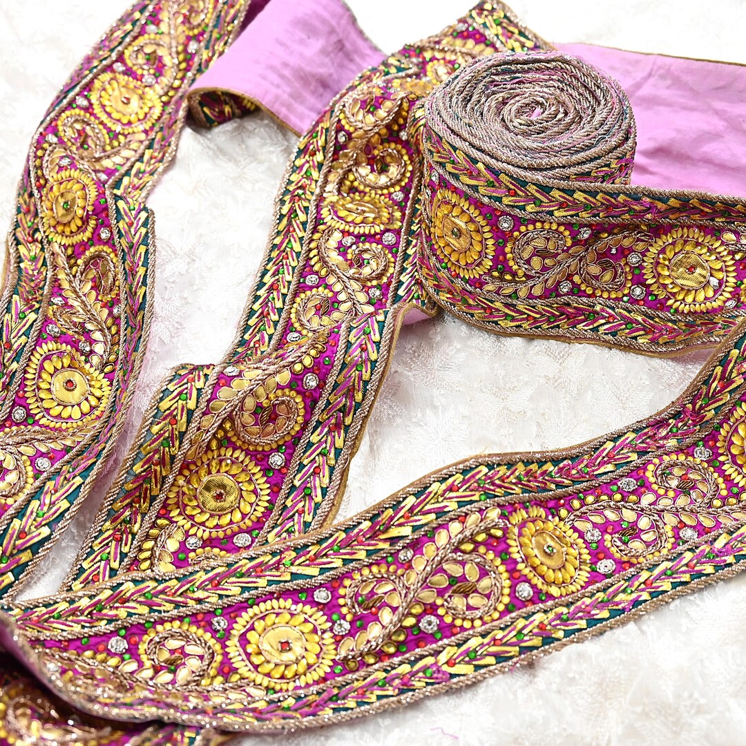 Indian Vintage Purple & Green Sari Border 1yd Hand Embroidered Gota ...