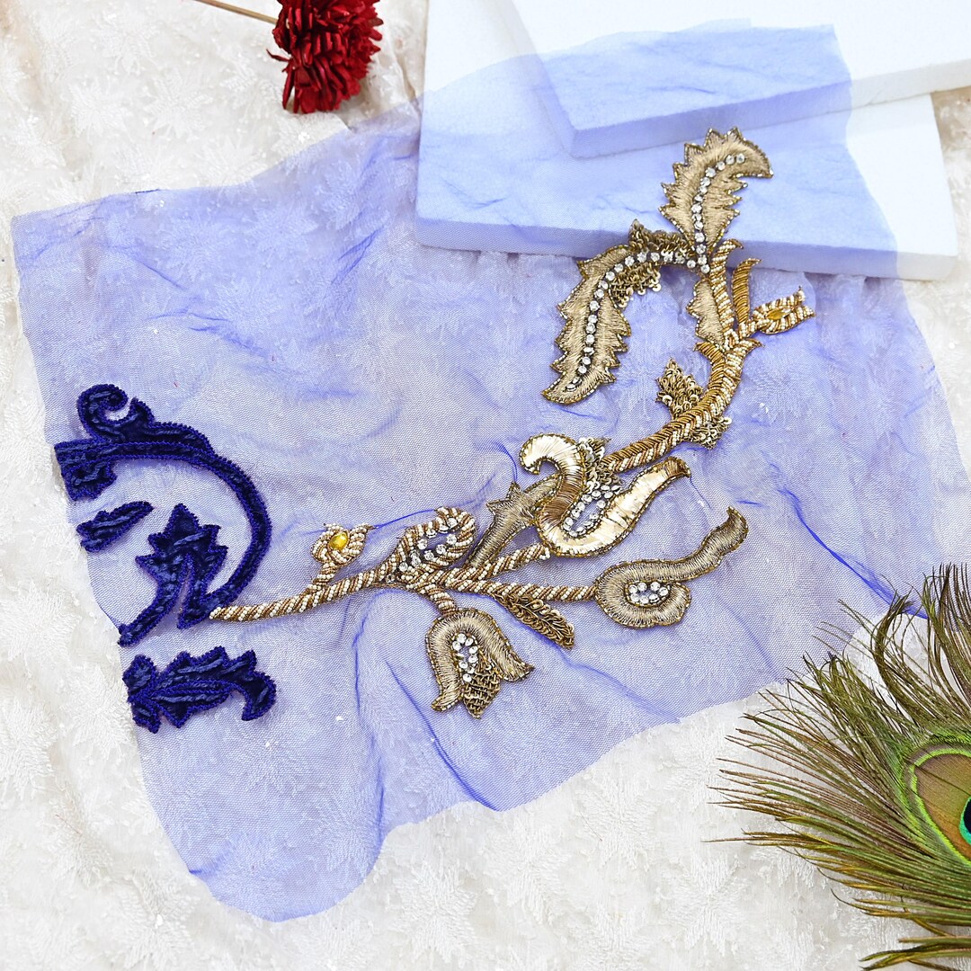Indian Vintage Blue Net Appliques – Set of 1 | Hand-embroidered Floral ...