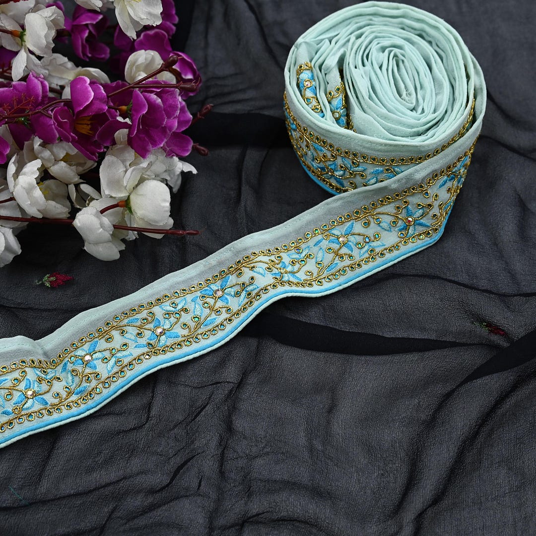 Vintage Blue Ari Work Sari Border 1 Yard Hand Embroidered Georgette ...