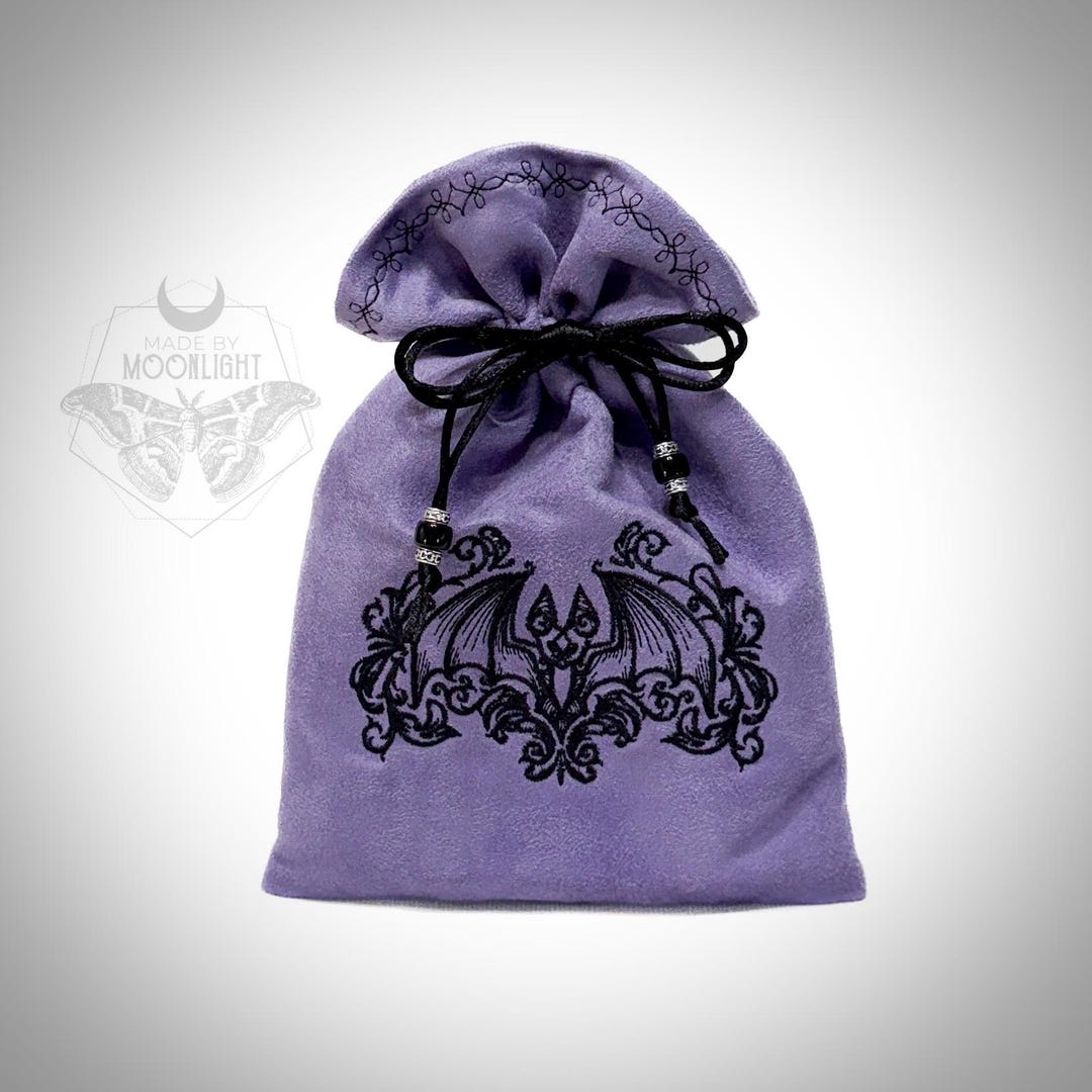 Embroidered GOTHIC BAT Tarot Card Bag • Lavender Faux Suede Drawstring ...