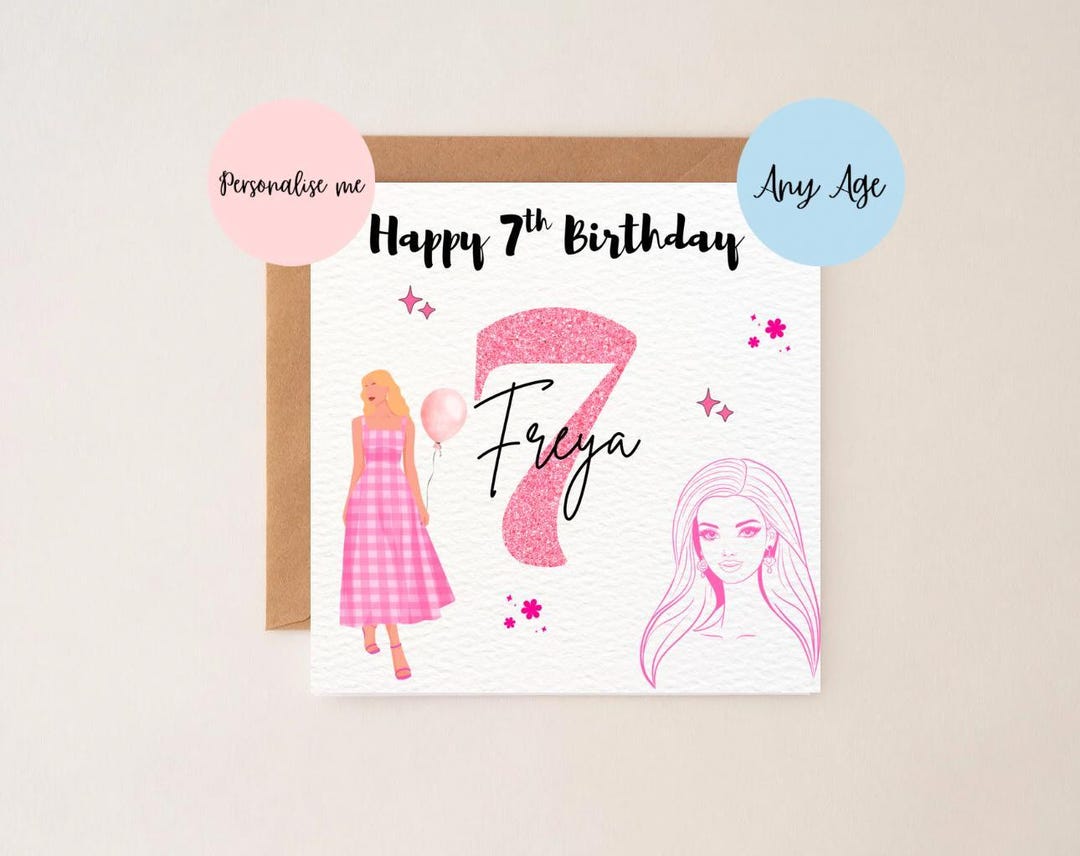 PERSONALISED 7th Birthday Card, Barbie Theme, ANY AGE Children’s ...