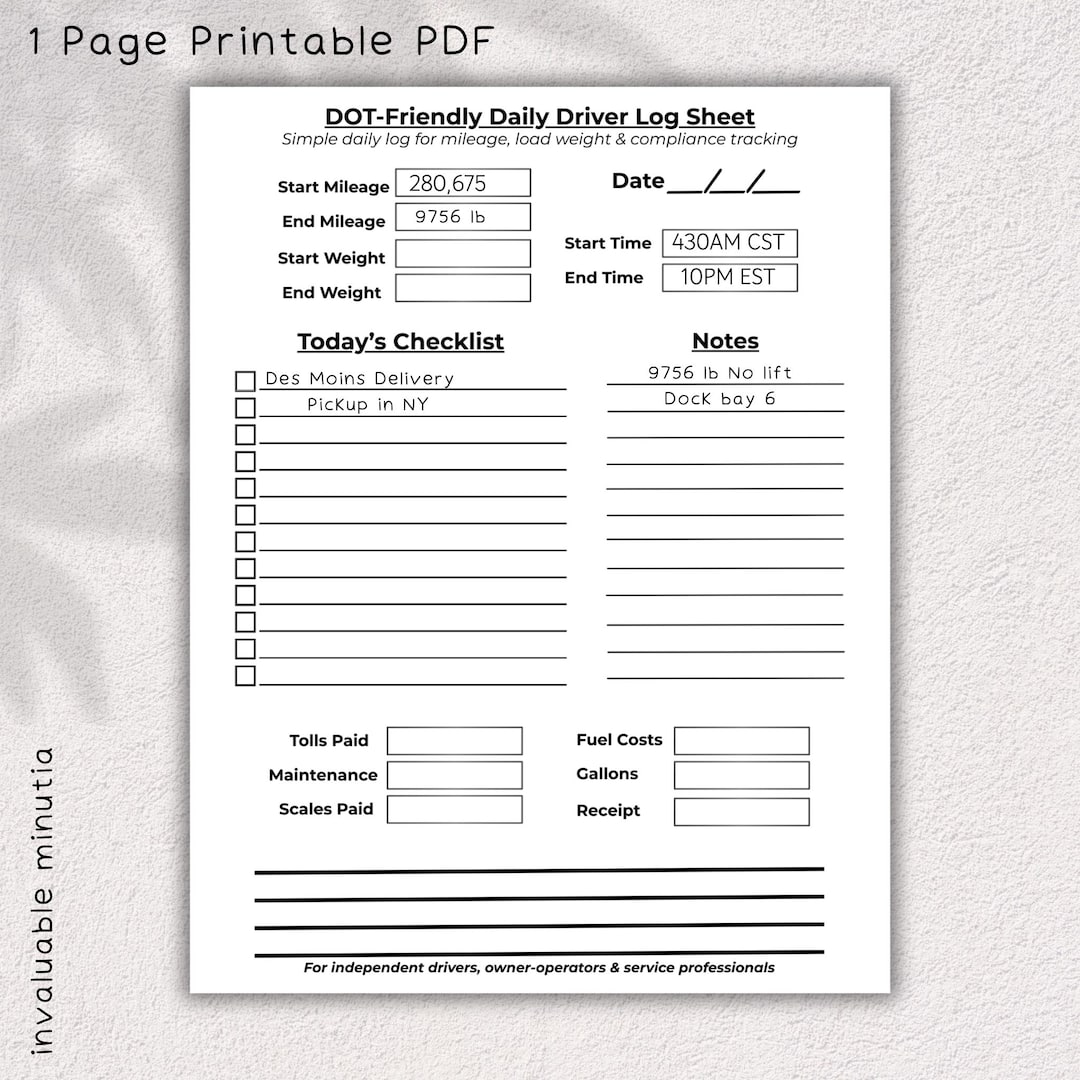 DOT Daily Driver Log Sheet | Mileage & Load Tracker (instant Download ...