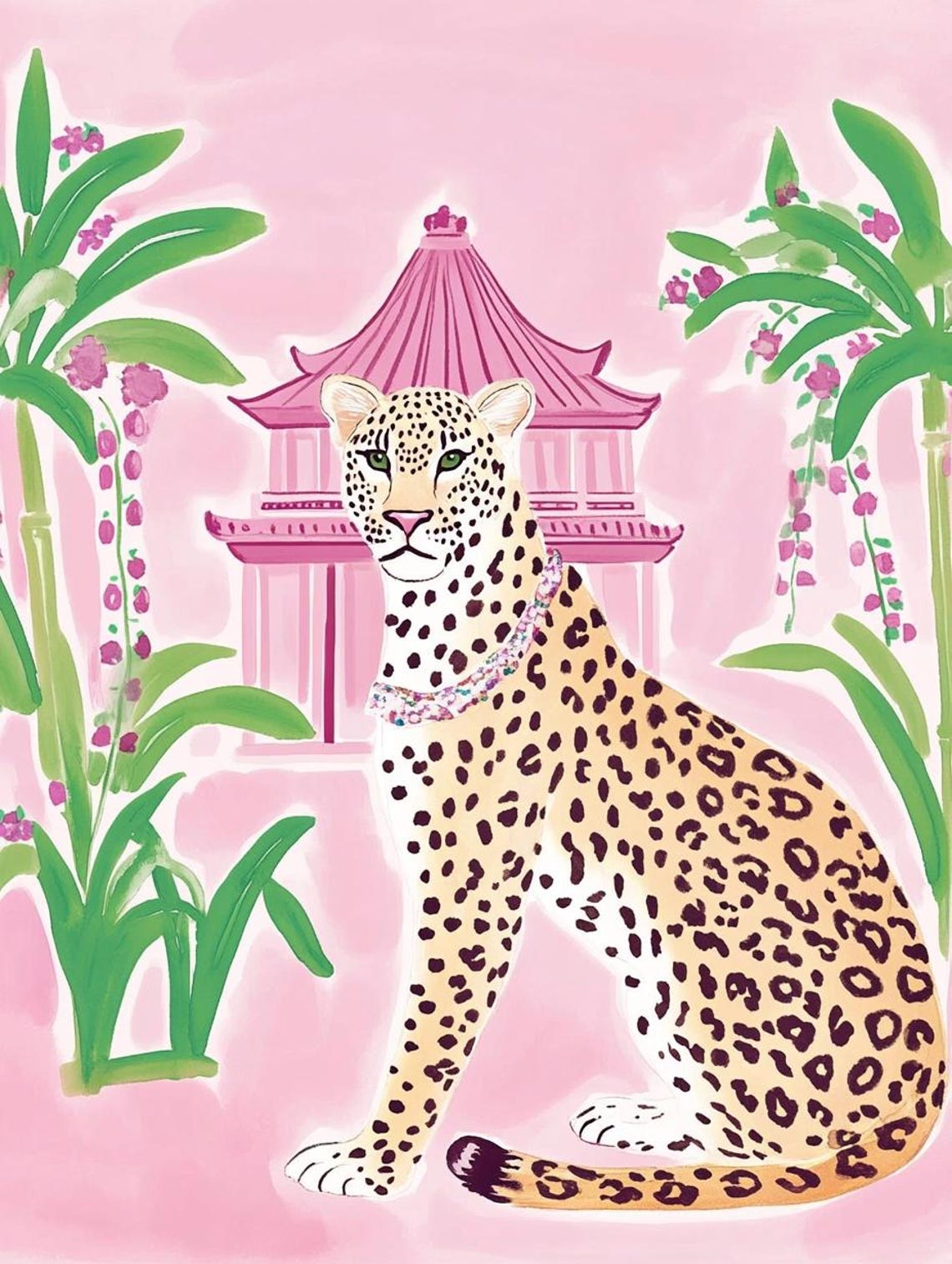 Chinoiserie Leopard Wall Art, Pink Pagoda Art, Grandmillennial Wall Art ...