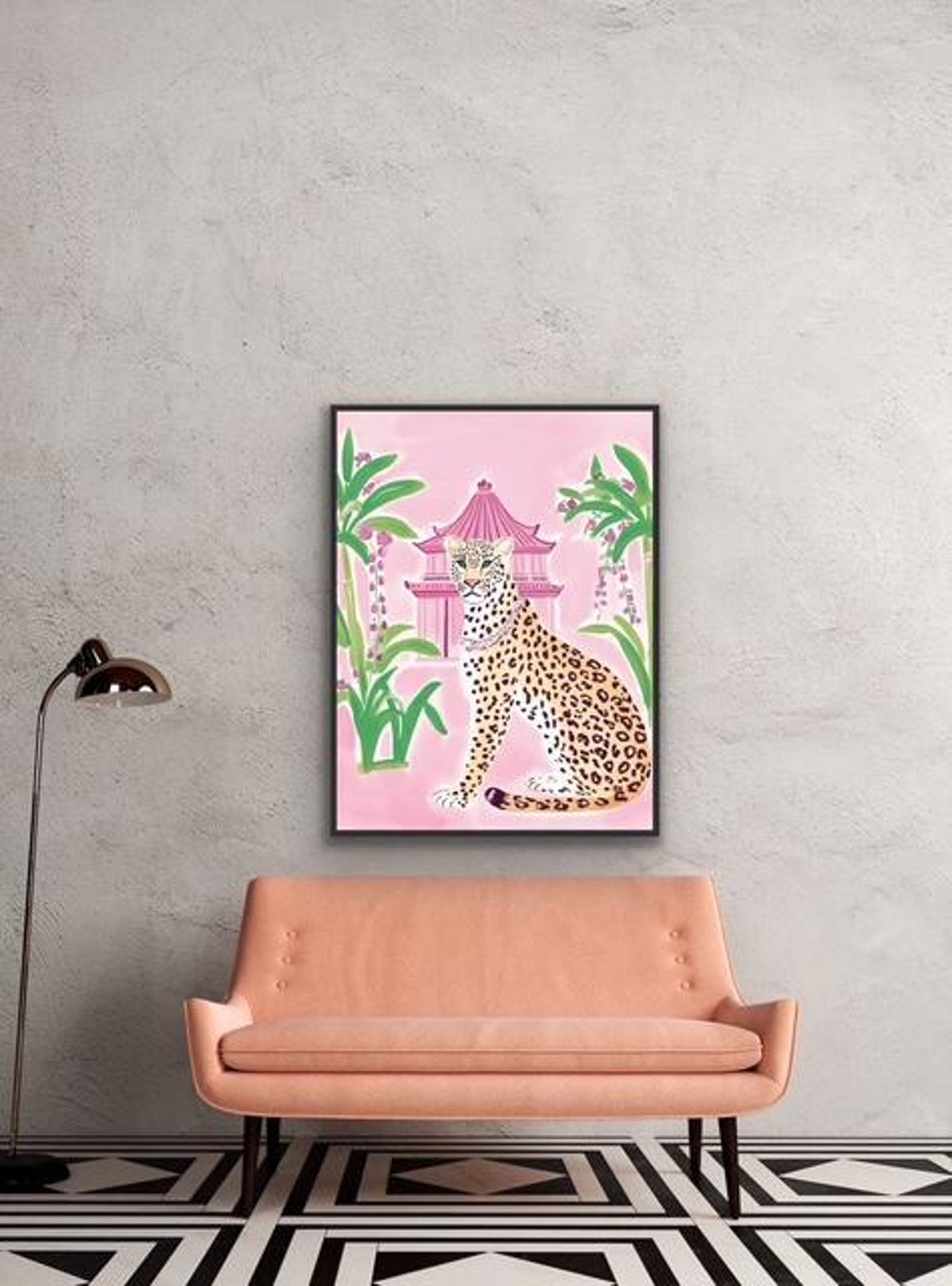 Chinoiserie Leopard Wall Art, Pink Pagoda Art, Grandmillennial Wall Art ...