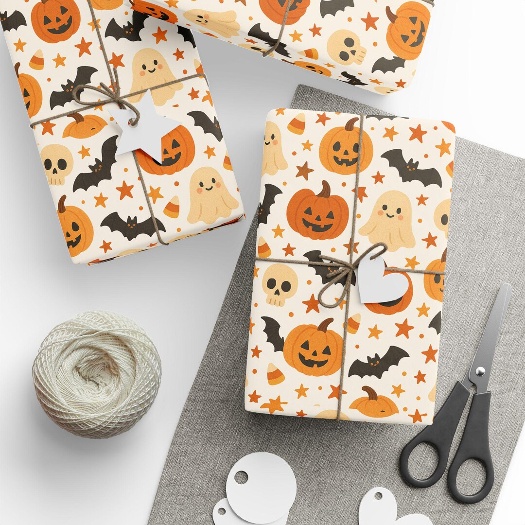 Halloween Wrapping Paper: Pumpkin & Bat Festive Gift Wrap - Etsy