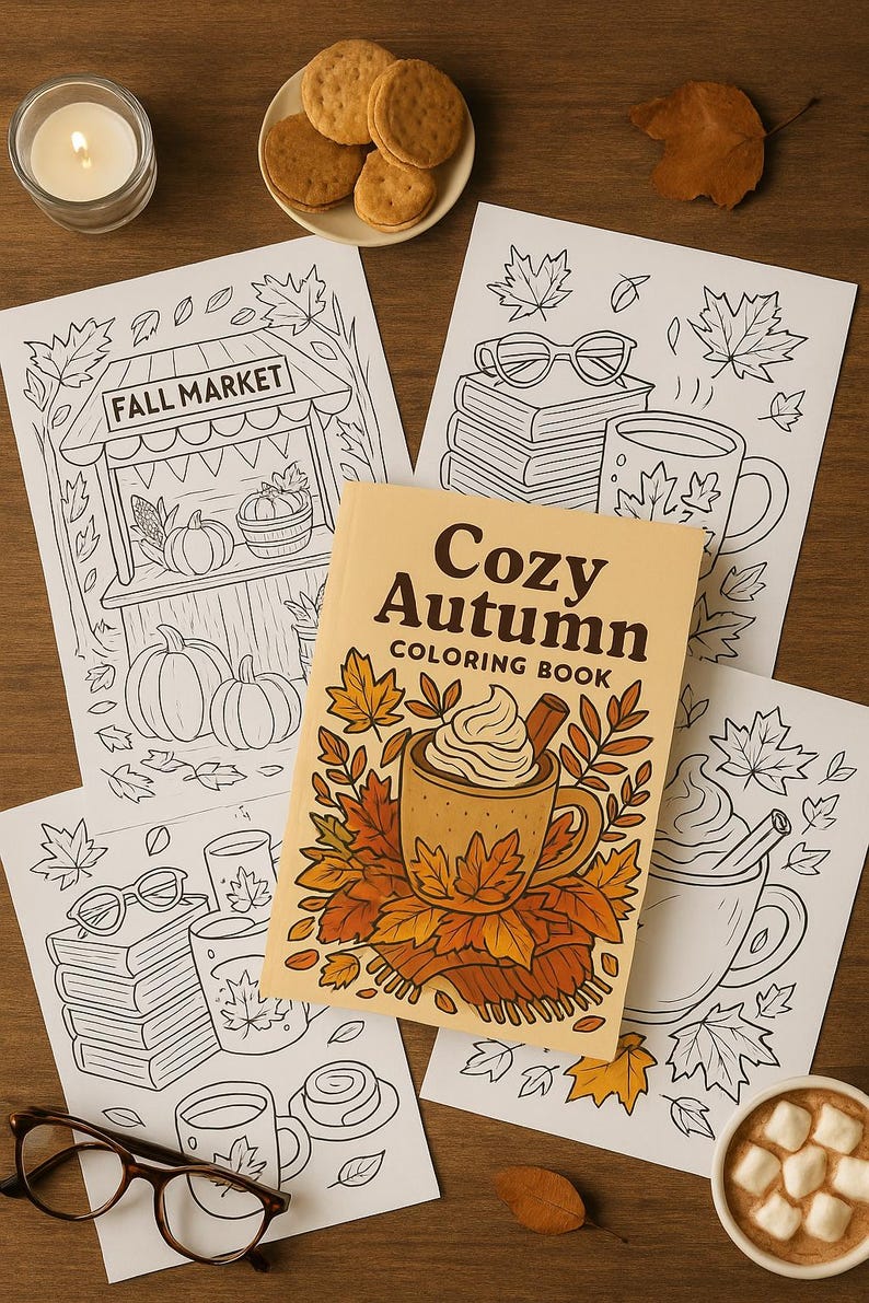 Cozy Autumn Coloring Book: 20 Printable Fall Pages (PDF & PNG Digital ...