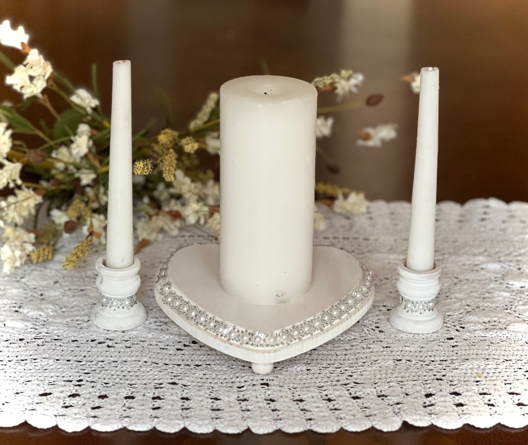 Wedding Unity Ceremony Candle Set Pearl & Rhinestone Wood Unity Candle ...