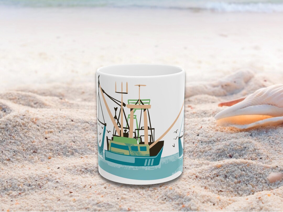 Cute Fishing Boat Mug, Ocean Nautical Theme Tea or Coffee Cup, Pastel ...