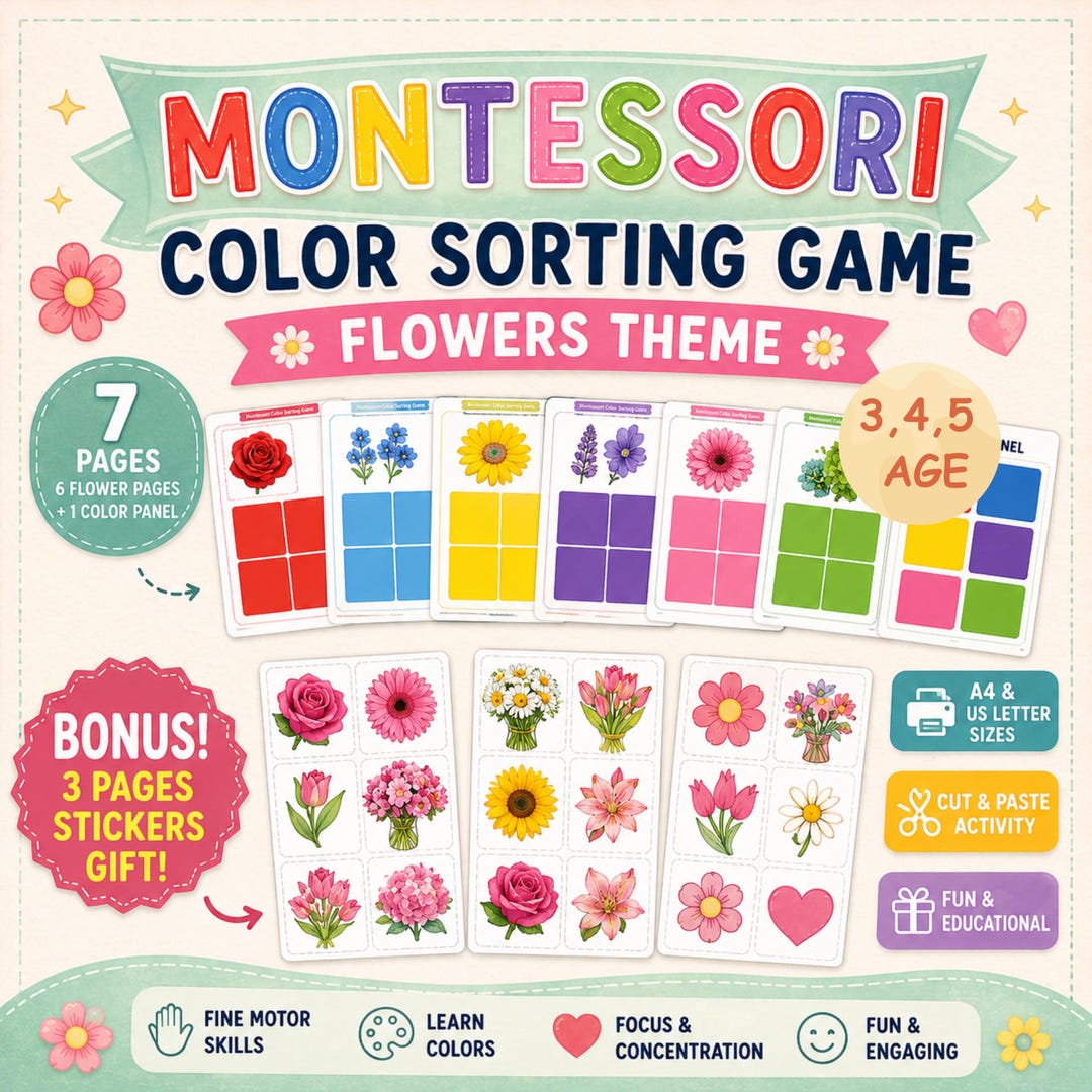 Montessori Color Sorting Game Flowers Theme Printable PDF, Preschool ...