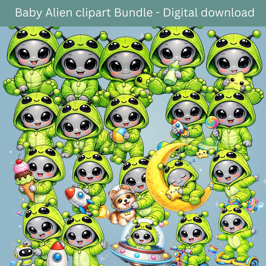 Baby Alien Clipart Bundle – 45 Individual PNG Files | Cute Space Clip ...