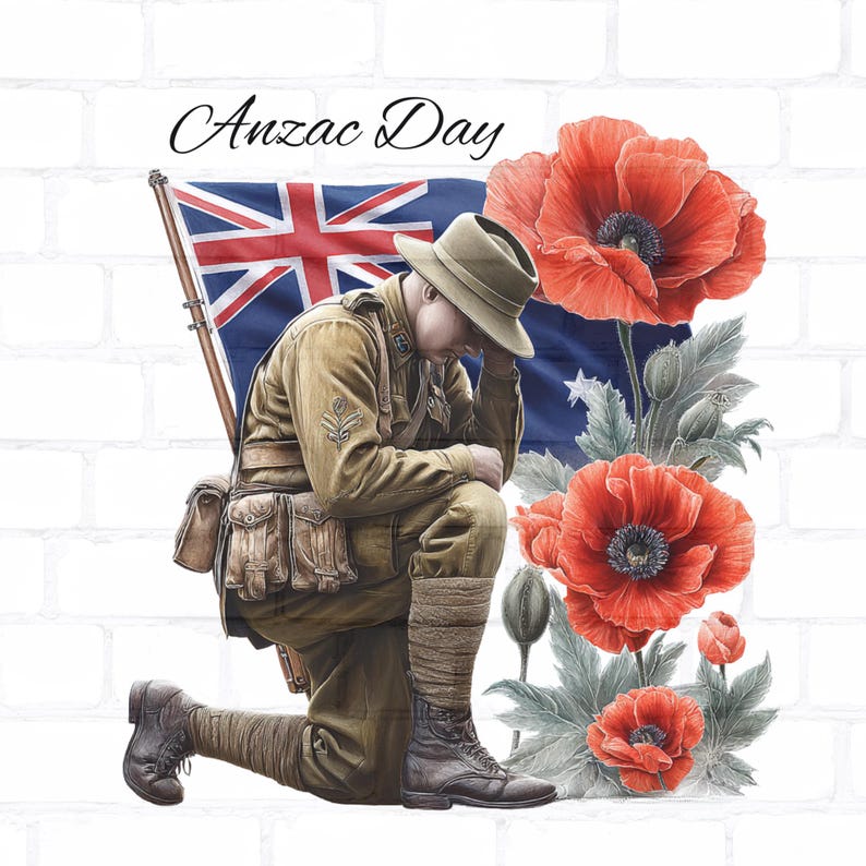 ANZAC Day PNG – Australian Soldier Kneeling With Flag & Poppies ...