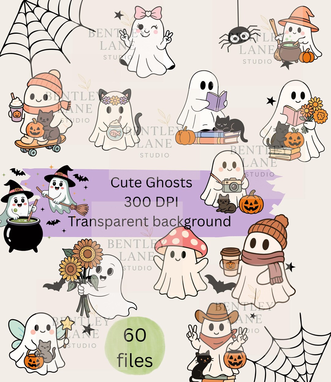 60 Cute Ghost PNG SVG Bundle | Halloween Clipart | Ghost Sticker & Wall ...