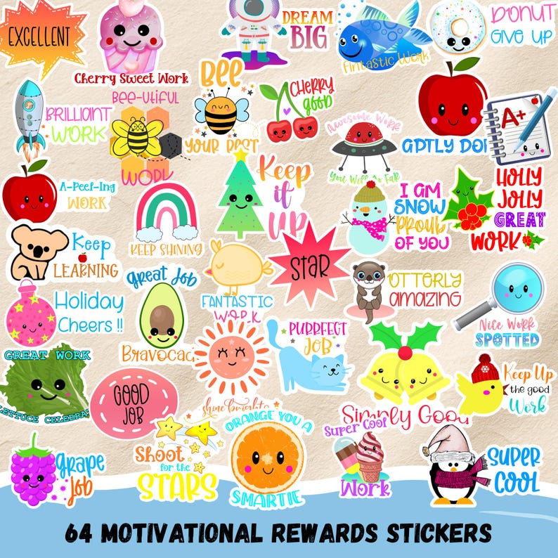 64 Kids Reward Stickers PNG Bundle | Teacher Stickers Printable ...