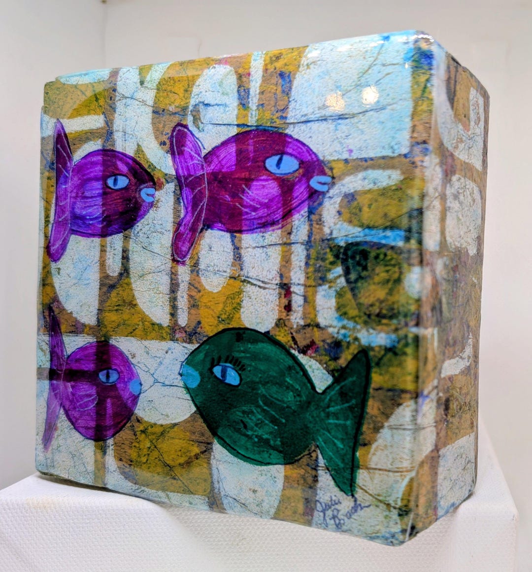 Odd Green Fish: Resined Painted Gel Monoprint on Upcycled Block - Etsy