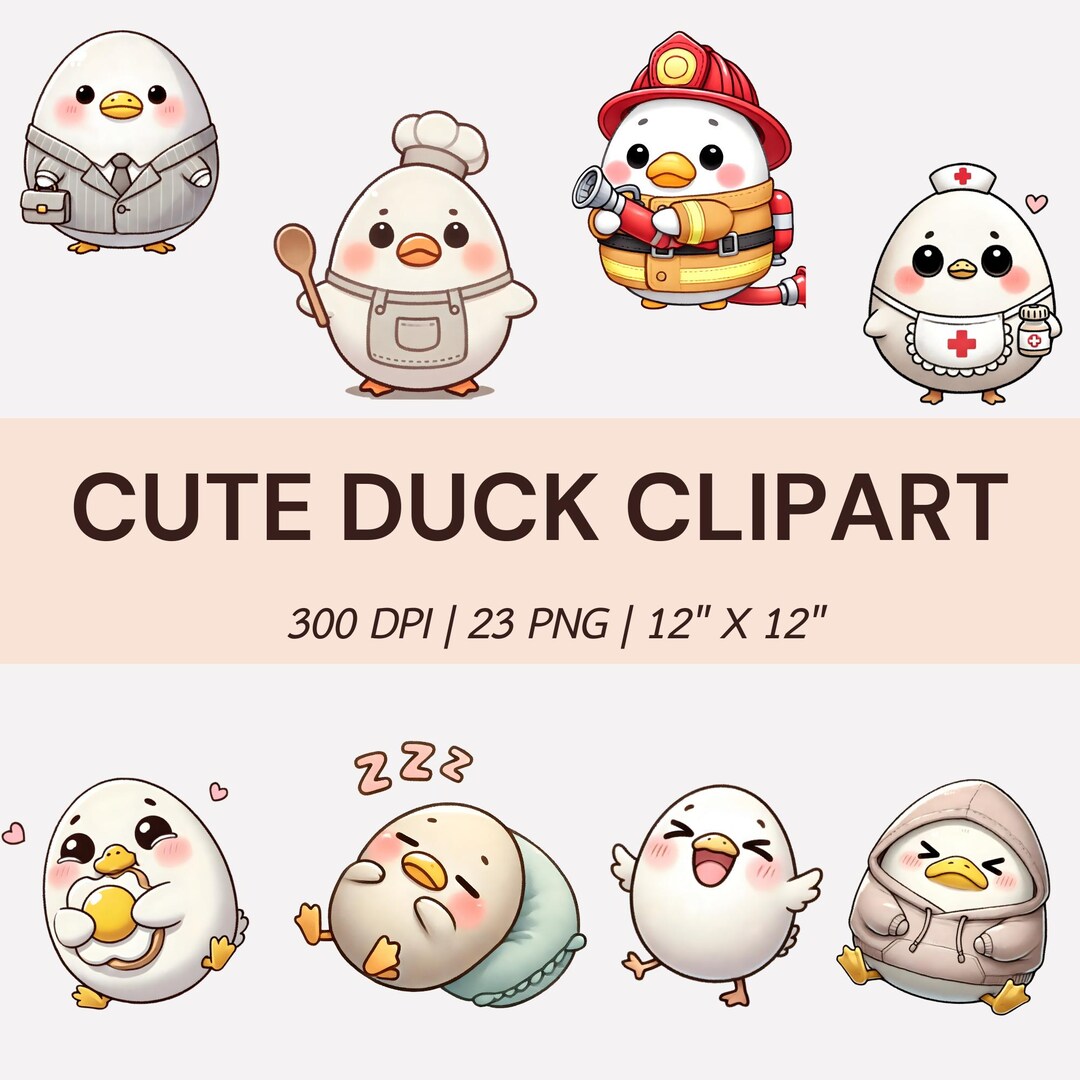 Kawaii Duck Clipart: Watercolor Characters, Professions (23 PNG ...