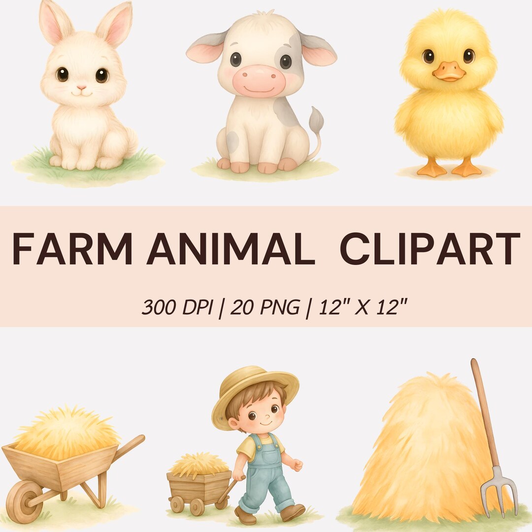 Cute Farm Clipart, Farm Animals, Watercolor Farm PNG, 20 PNG, Digital ...