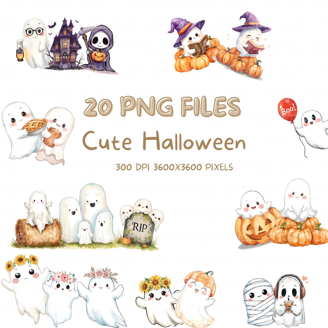 Watercolor Cute Halloween Clipart Set – 20 PNG Ghost & Pumpkin Graphics ...