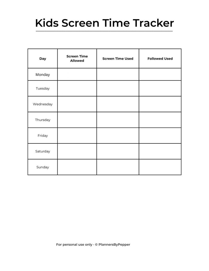 Kids Screen Time Tracker Printable | Screen Time Rules Chart for Kids ...