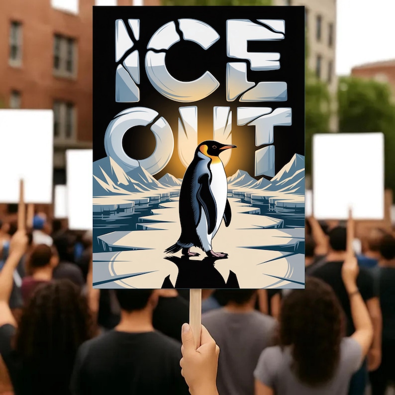 ICE OUT Penguin Protest Sign – Bold Anti ICE Activist Poster - Etsy