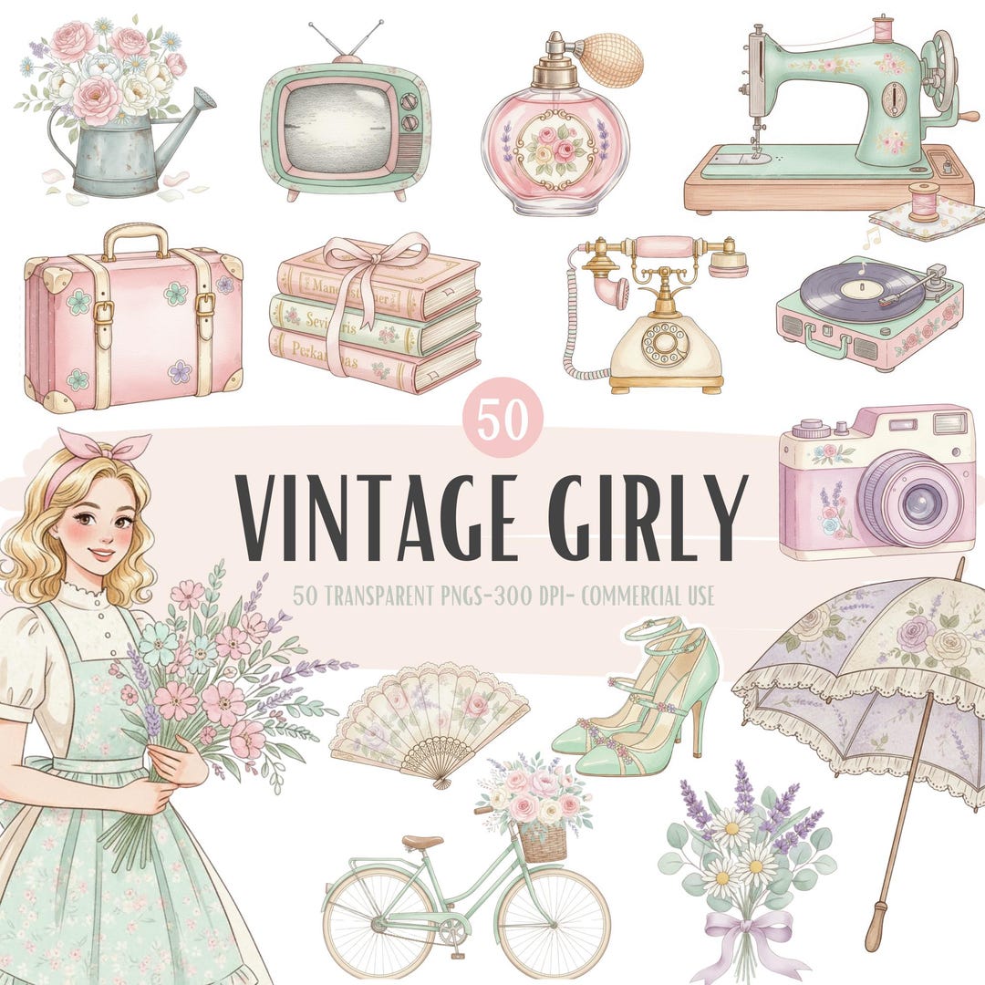 Vintage Girly Clipart Bundle: Retro Fashion, Floral Decor and Antique ...